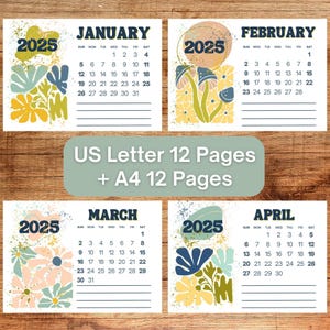Retro Abstract Flower 2025 Monthly Calendar Bundle Floral Botanical 12 ...