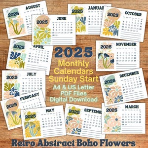Retro Abstract Flower 2025 Monthly Calendar Bundle Floral Botanical 12 ...