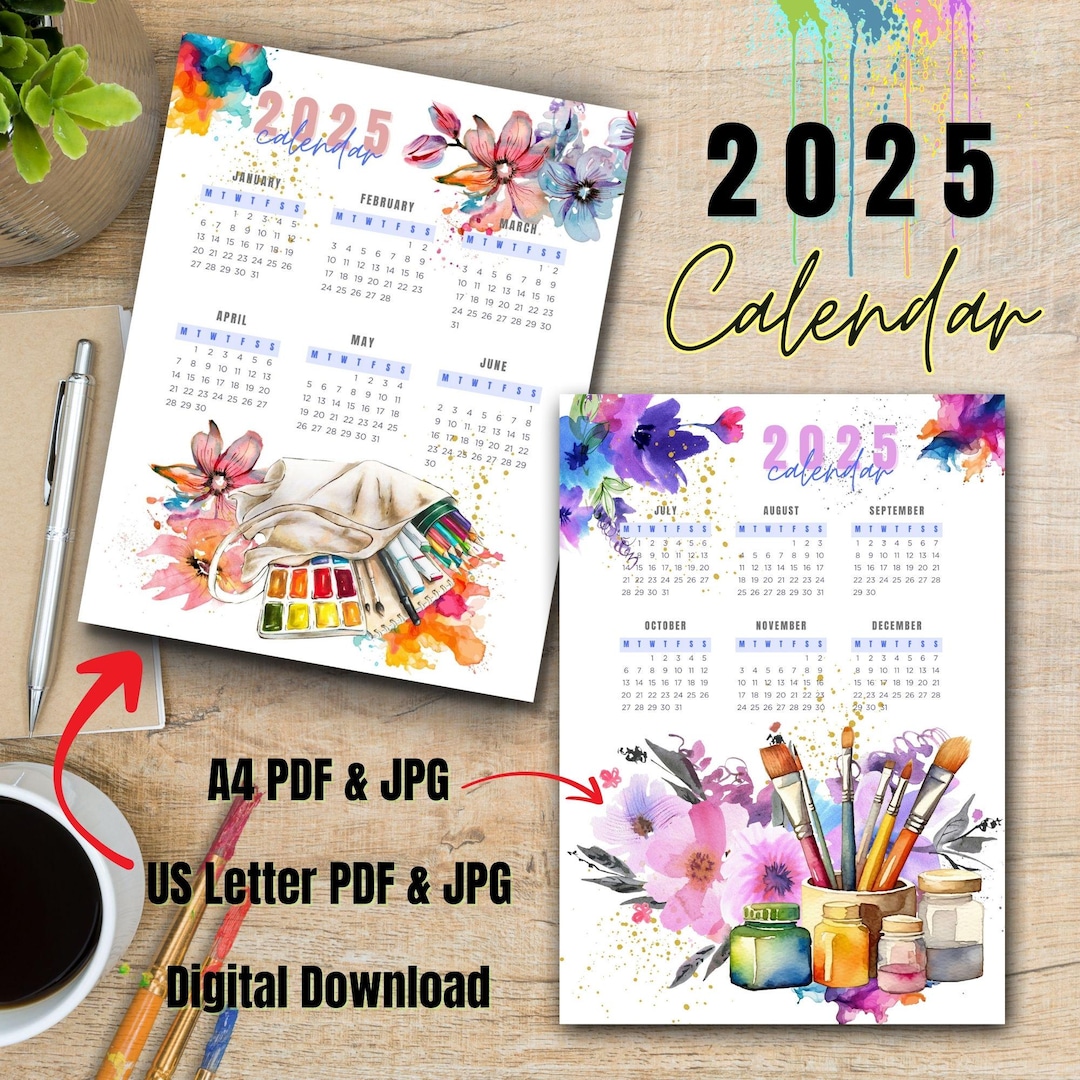 2025 Yearly Calendar Digital Download Printable Floral Artsy Art ...
