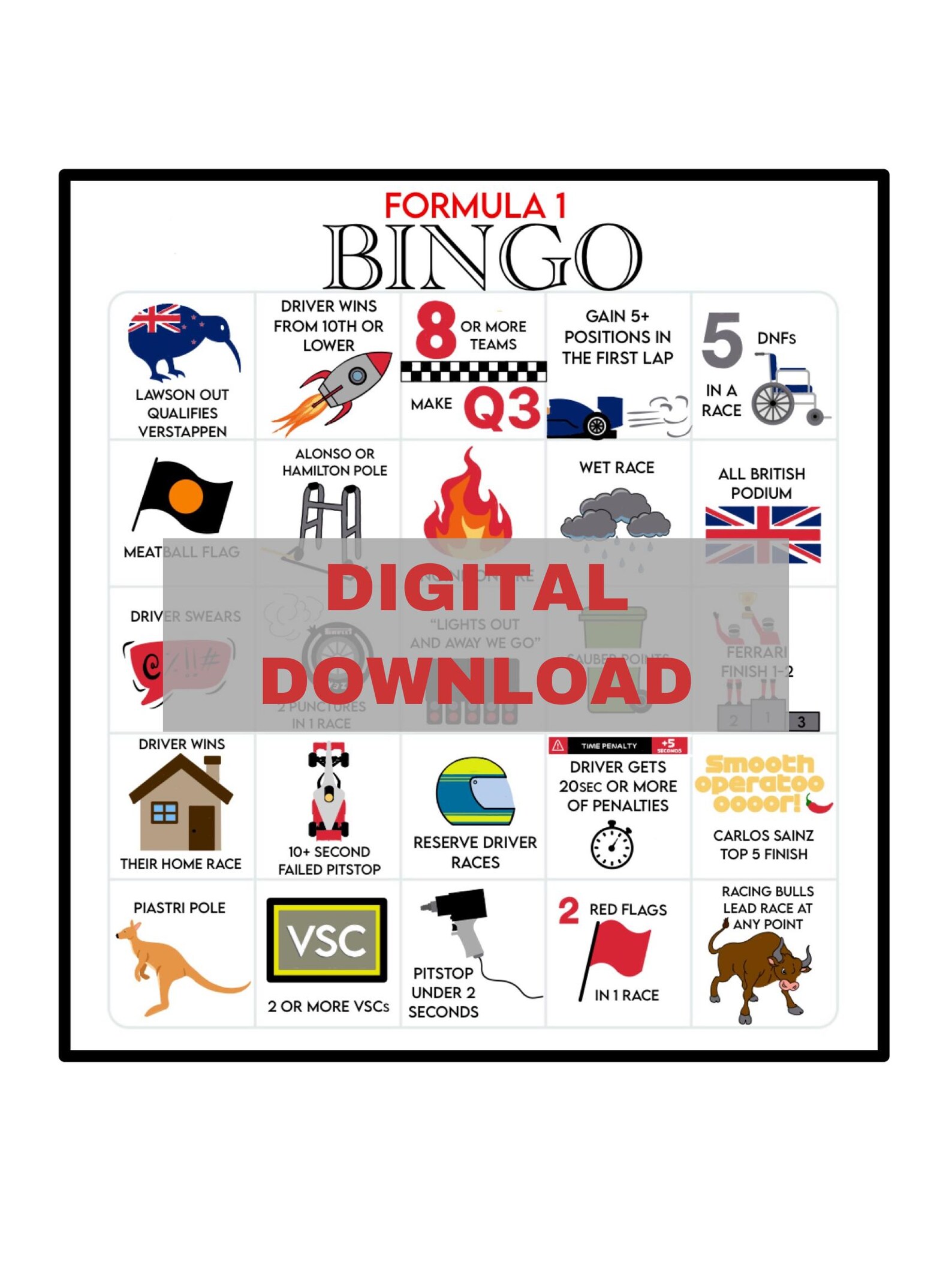 F1 Bingo Card 2025 - Template 2 - Etsy