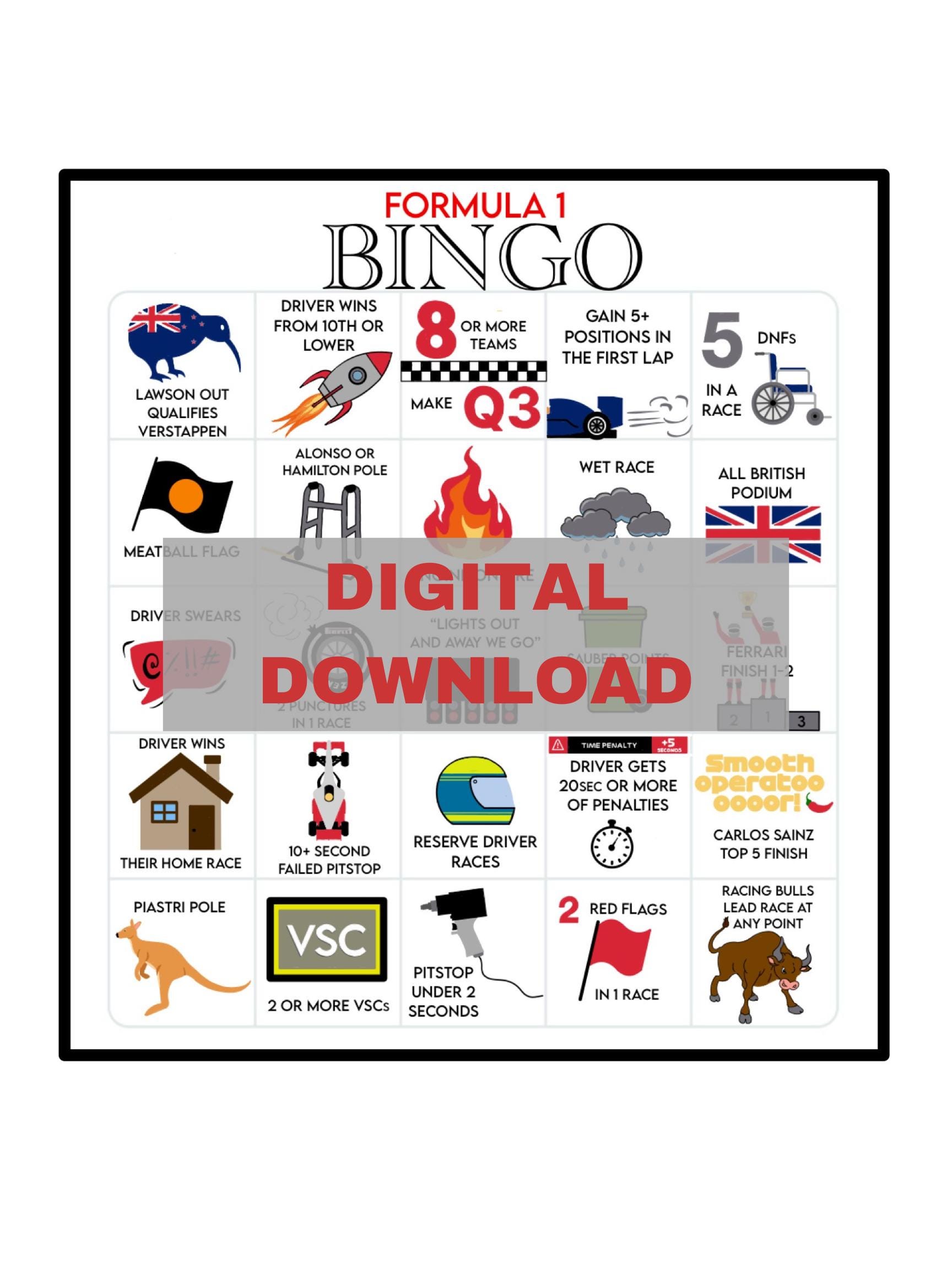 F1 Bingo Card 2025 - Template 2 - Etsy