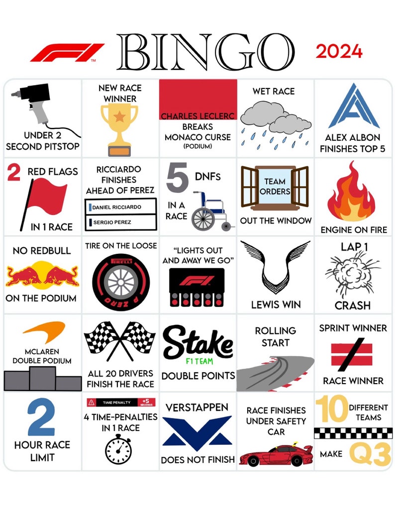 F1 Bingo Card 2024 Pack of 5 - Etsy