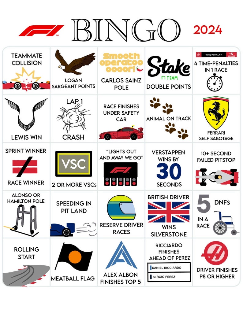 F1 Bingo Card 2024 Pack of 5 - Etsy