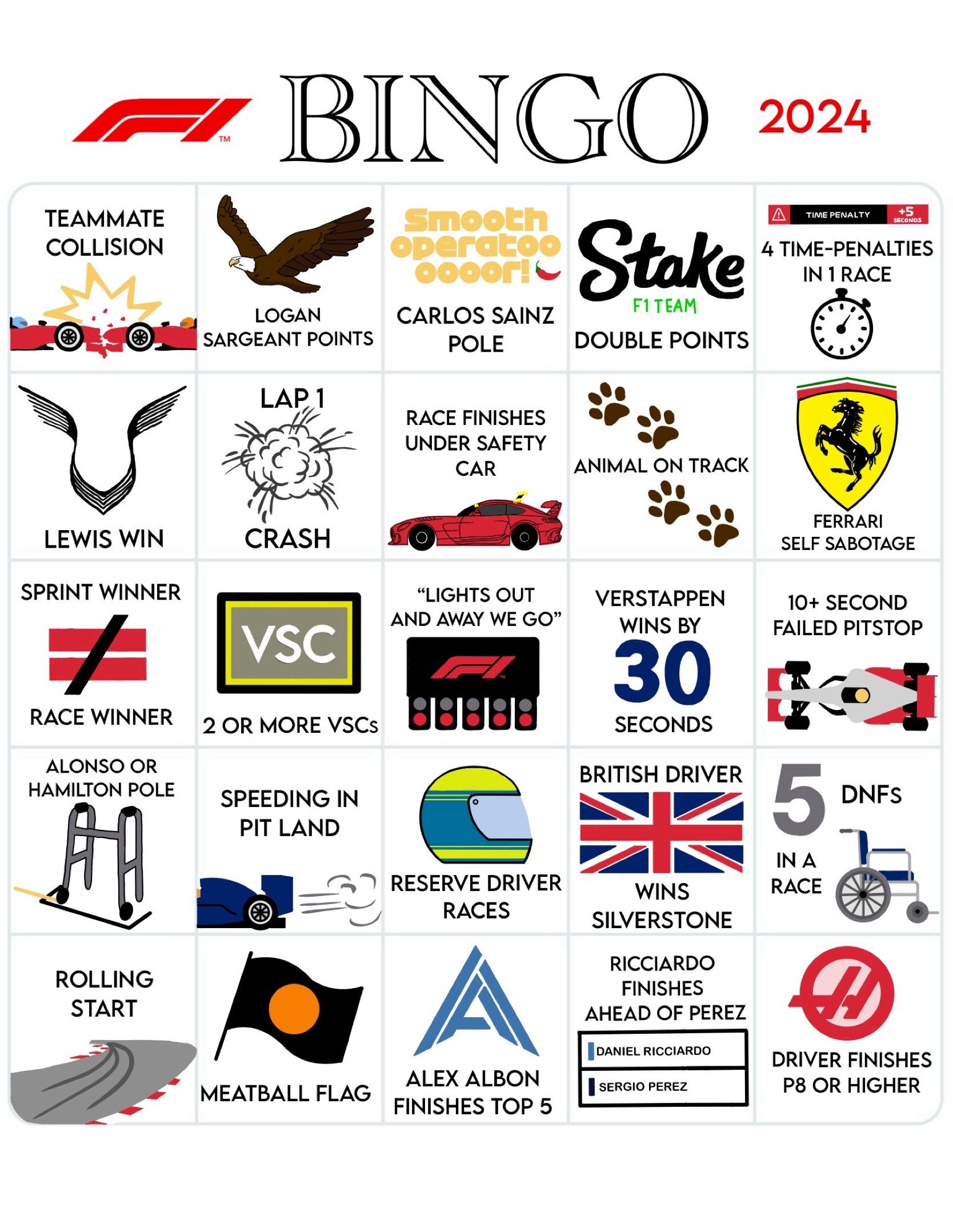 F1 Bingo Card 2024 Pack of 5 - Etsy
