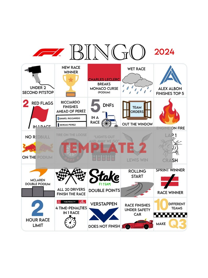 F1 Bingo Card 2024 Template 2 - Etsy