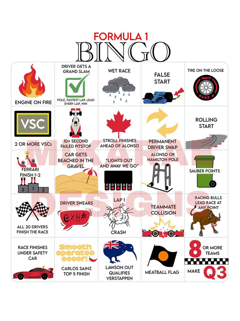 F1 Bingo Card 2025 - Template 3 - Etsy