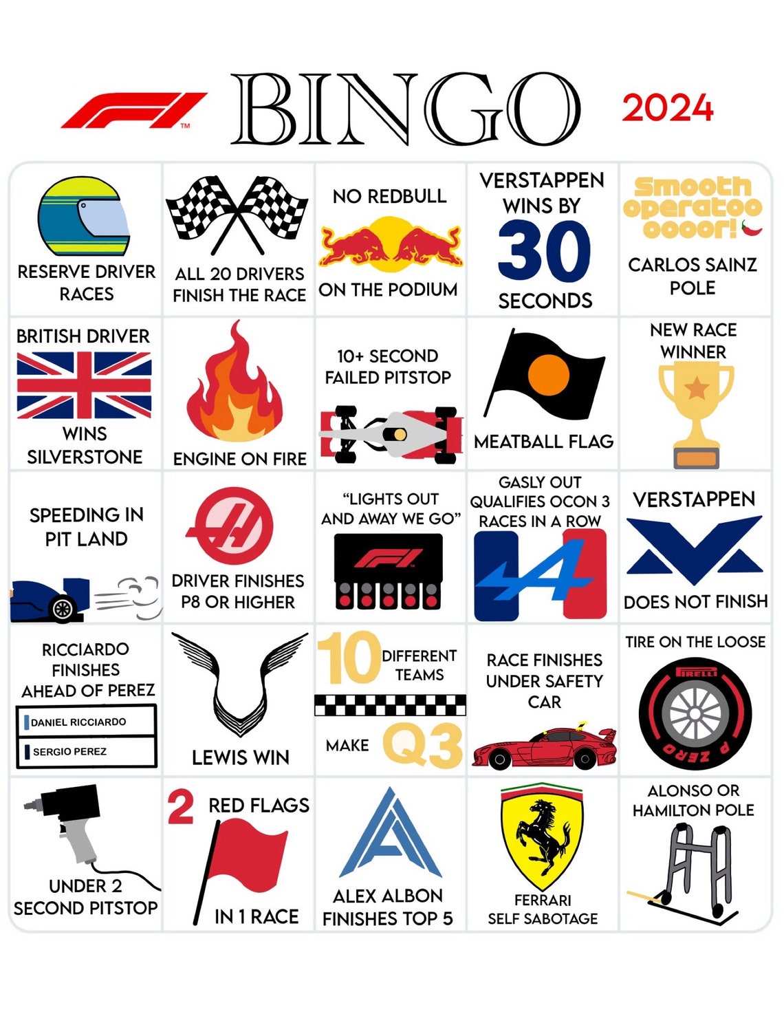 F1 Bingo Card 2024 Pack of 5 - Etsy