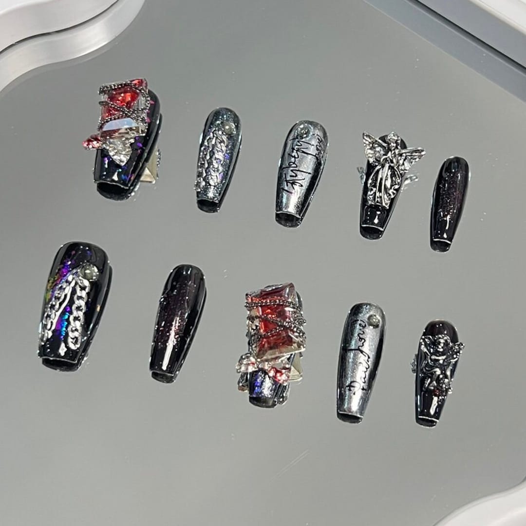 Black Dark Silver Red Gothic Chains & Angel Y2k Nails Press on Nails ...