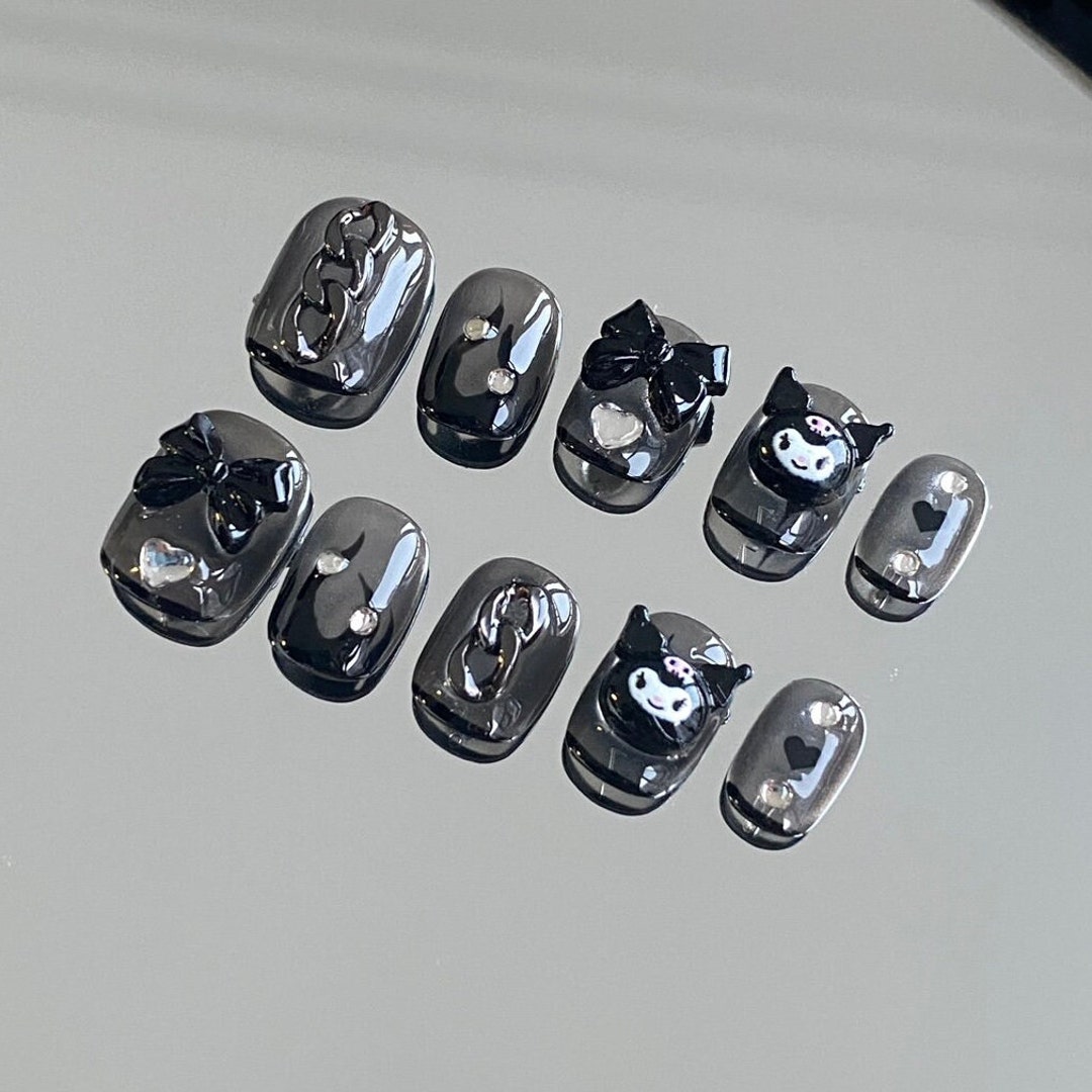 Black Kuromi Sanrio Short Nails With Charms Cute Press on With Bow ...