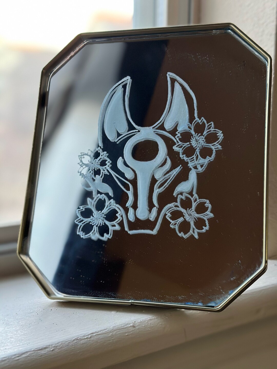 Golden Kitsune: Hand-engraved Desk Mirror, Japanese Fox Mask Design - Etsy