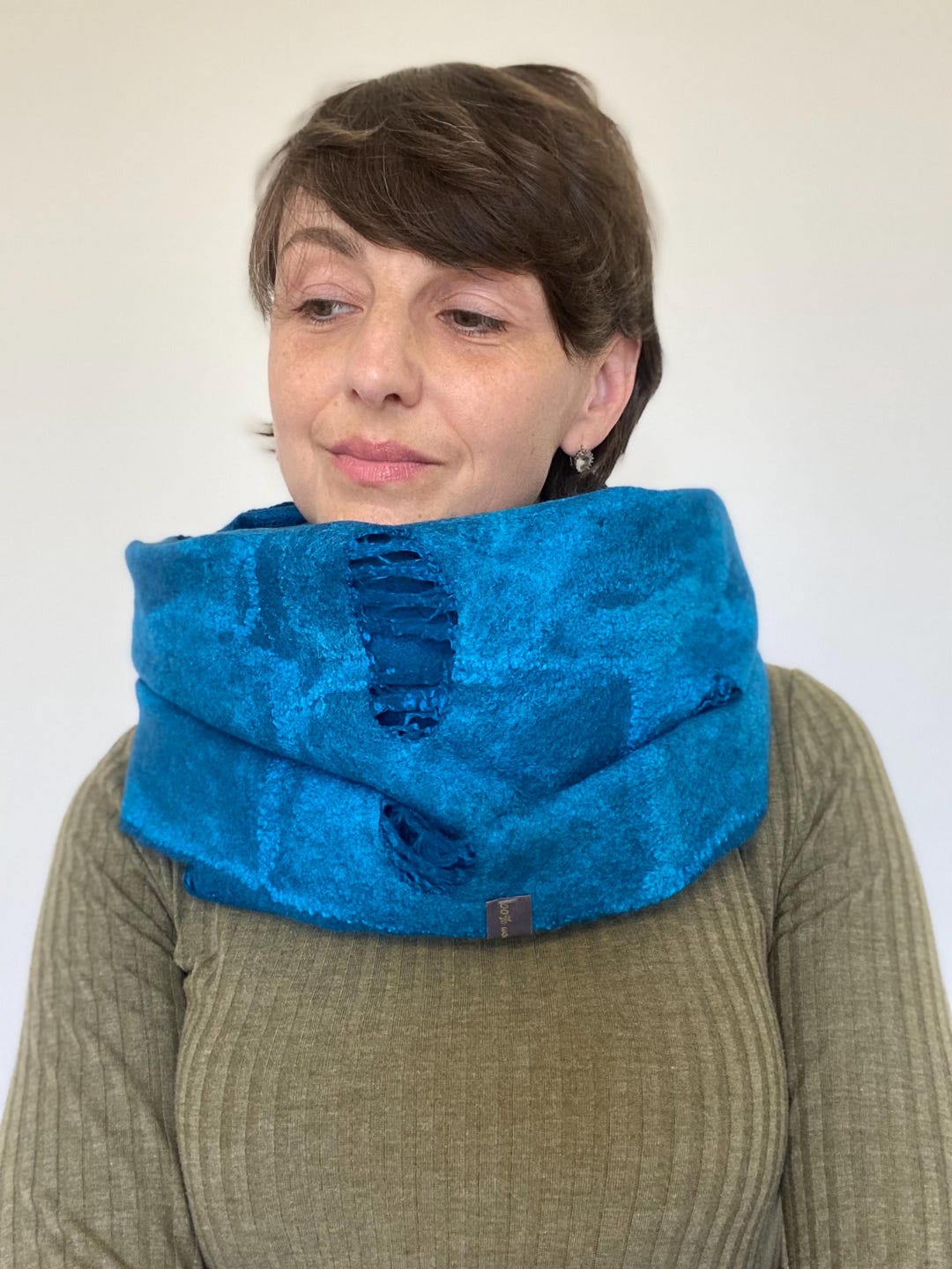 Felted Merino Wool & Silk Infinity Scarf: Blue Turquoise Reversible ...