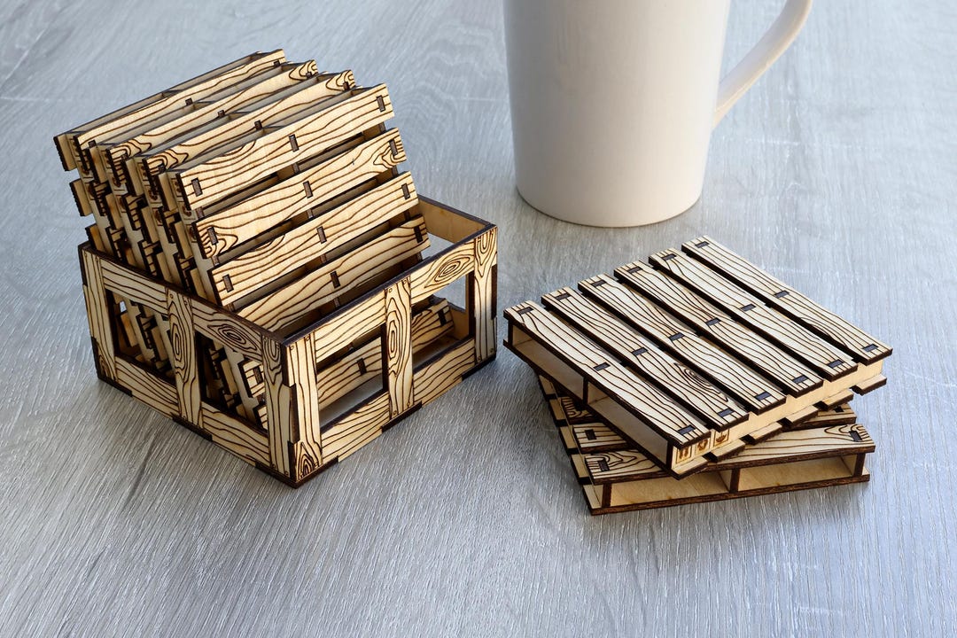 Boxed Pallet Wood Coasters Set With Holder, Handcrafted Laser Cut ...
