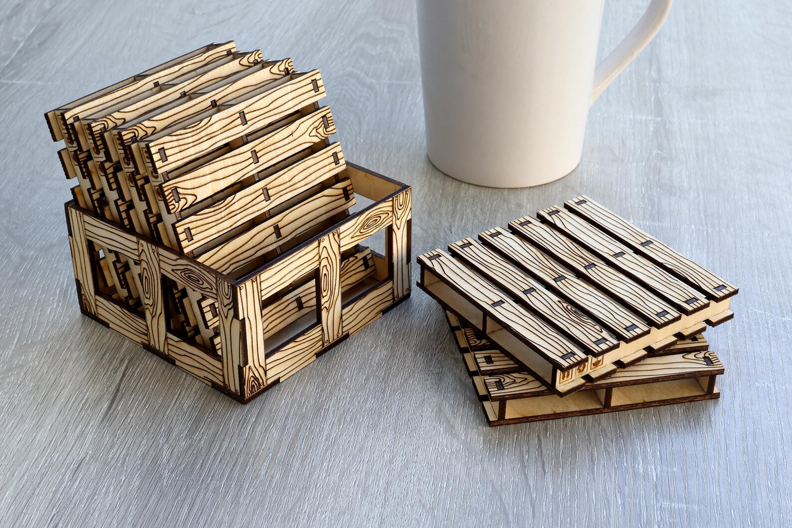 Boxed Pallet Wood Coasters Set With Holder, Handcrafted Laser Cut ...