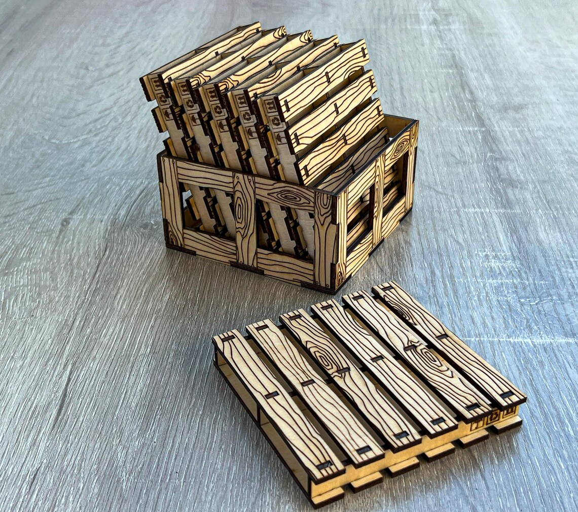 Boxed Pallet Wood Coasters Set With Holder, Handcrafted Laser Cut ...
