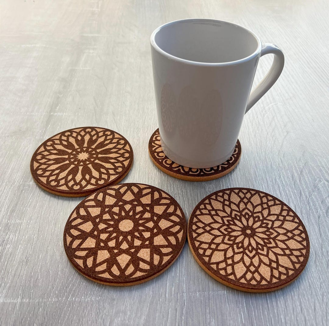Laser Engraved Cork Coasters Set of 4 With Mandala Patterns – Heat ...