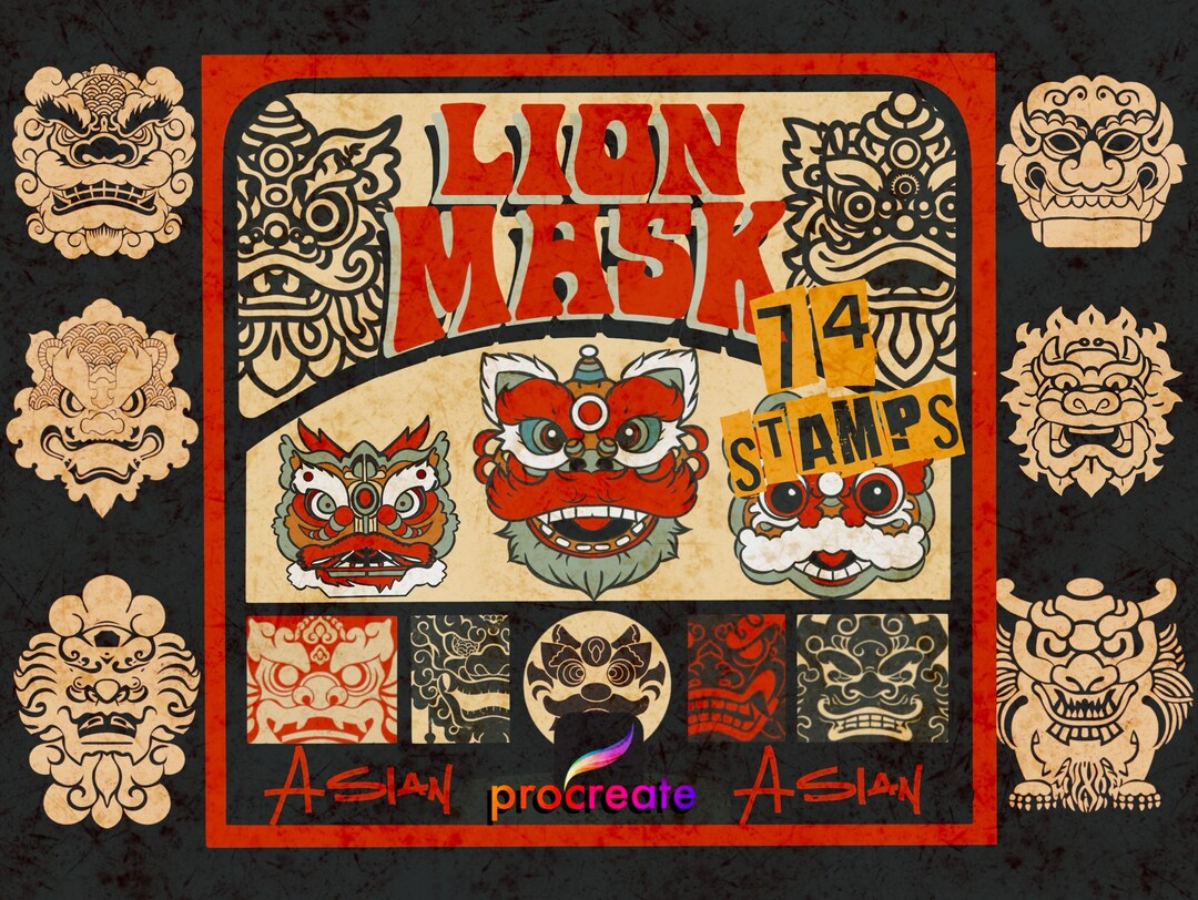 Asian Lion Mask Stamps for Procreate. Traditional Folk Art (digital ...