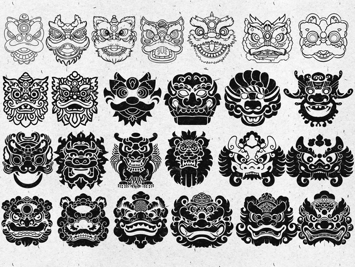 Asian Lion Mask Stamps for Procreate. Traditional Folk Art (digital ...