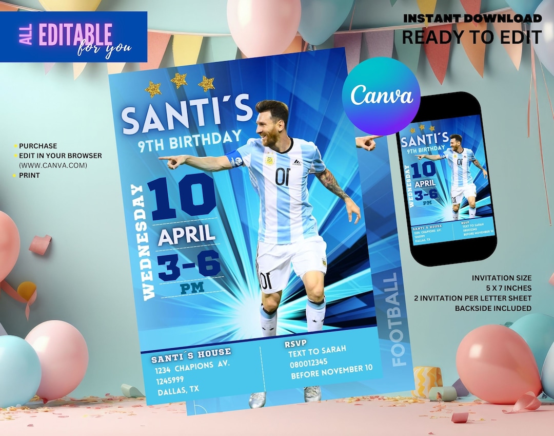 Messi Birthday Party Invitation Editable, Argentina Editable Invitation ...