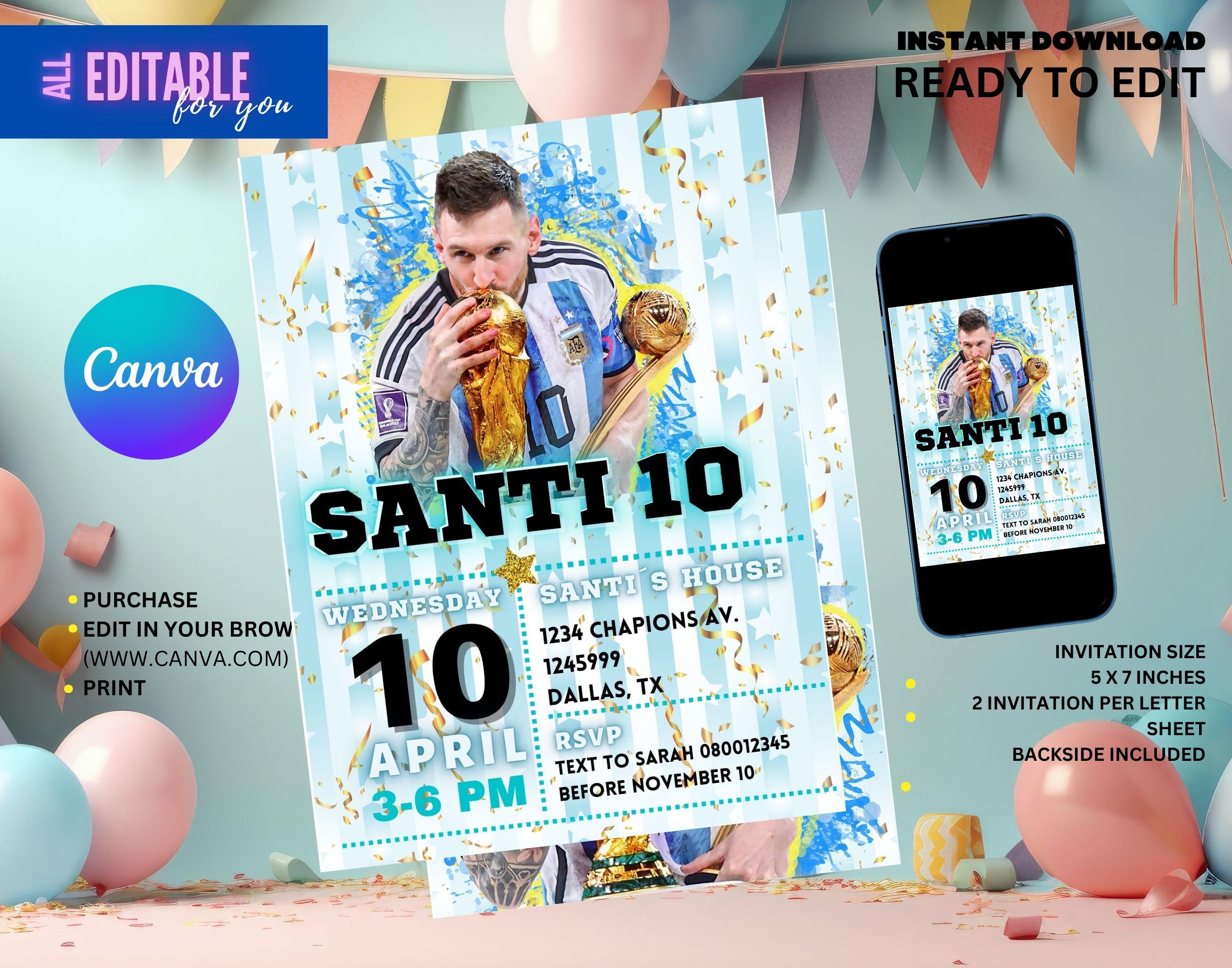 Messi Birthday Party Invitation Editable, World Cup Messi Argentina ...