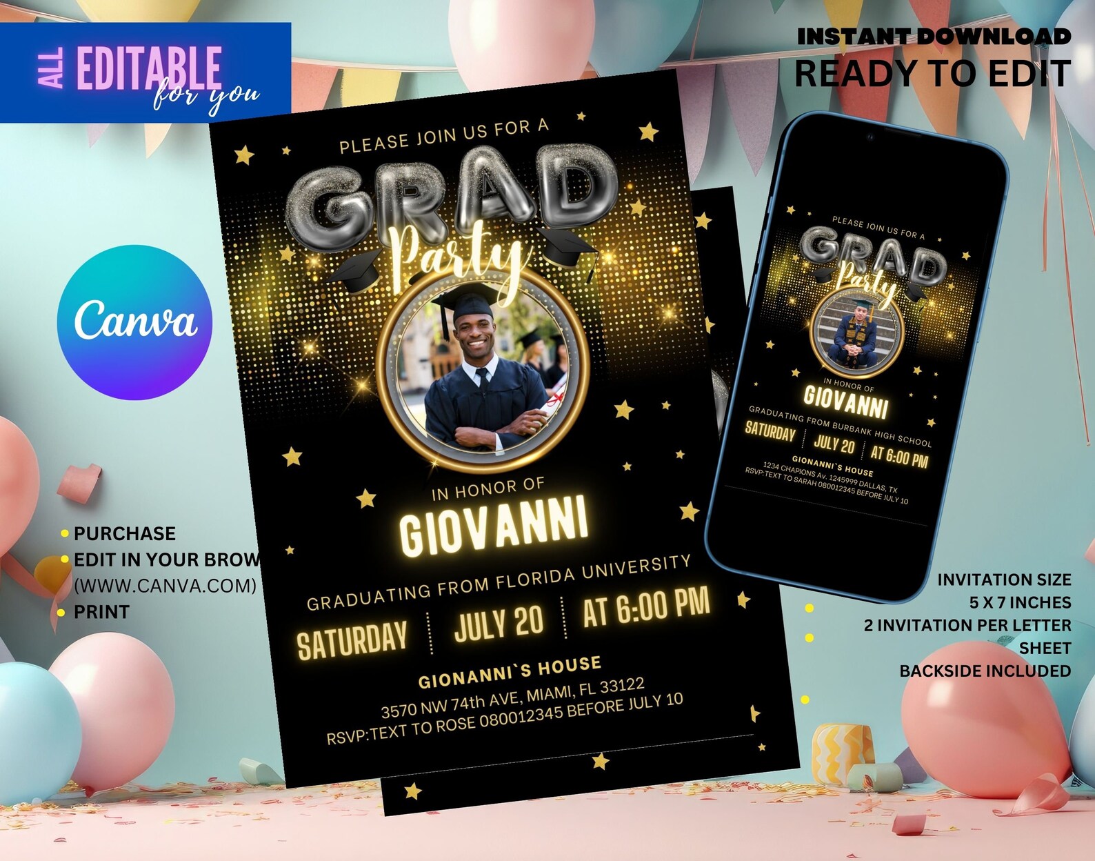 Class of 2025 Party Editable Invite With Picture, Grad Party Editable ...