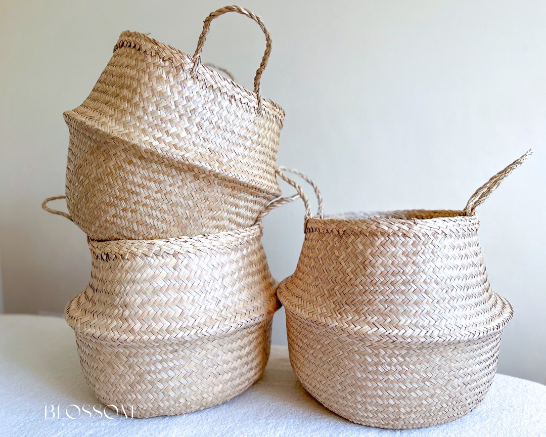 XL Plain Seagrass Belly Baskets, Plant Woven Baskets, Eco Wicker Basket With Handles, Hanging ...