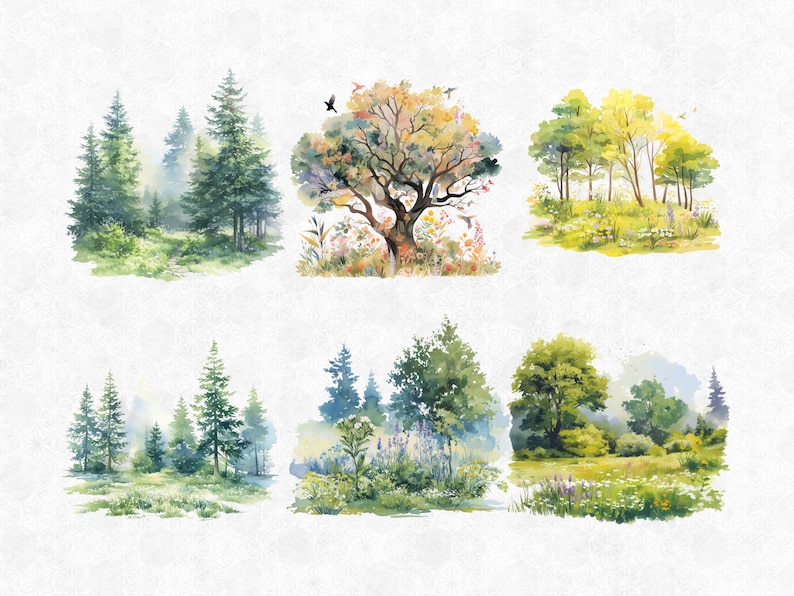 Watercolor Forest Clipart, Woodland Landscape, Image, Pine Tree, Nature ...