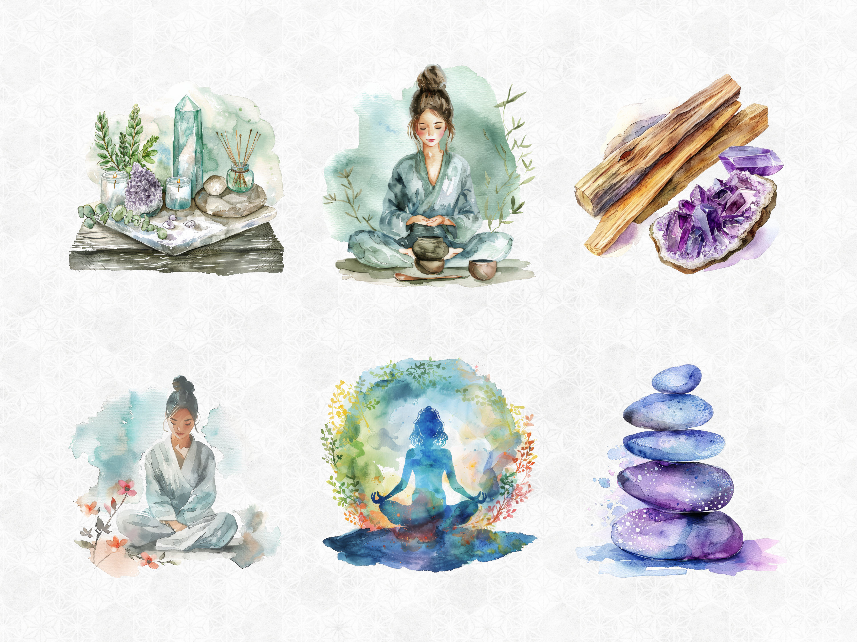 Mindfulness Zen Clipart, Serene Watercolor Yoga Graphics, Sound Energy ...