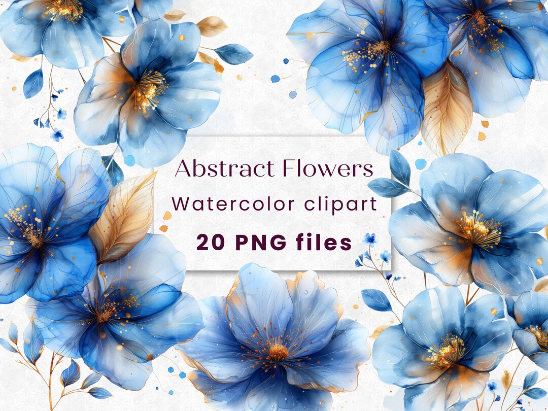 Watercolor Abstract Flower Clipart, Blue and Gold, Boho Chic, Navy ...