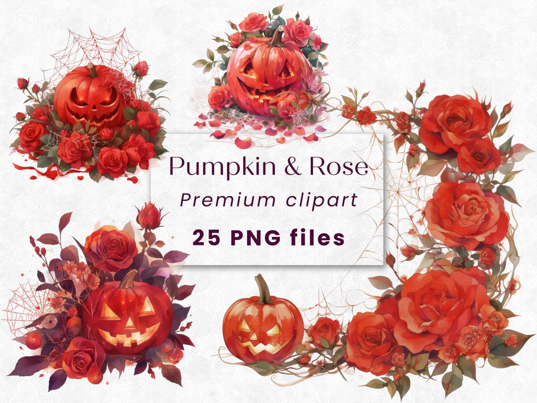Watercolor Spooky Pumpkin & Rose Clipart: Halloween Floral PNG (instant ...