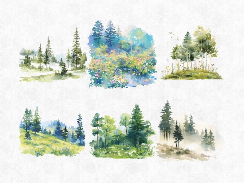 Watercolor Forest Clipart, Woodland Landscape, Image, Pine Tree, Nature ...