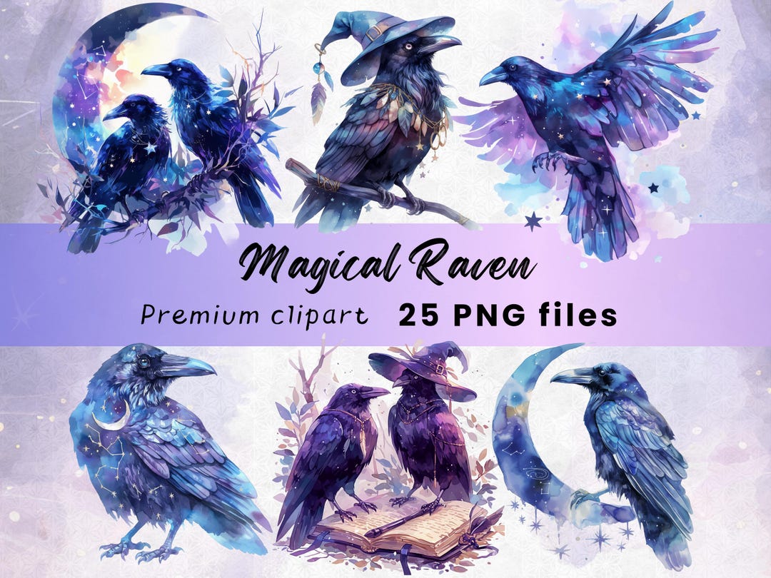 Watercolor Magical Raven Clipart, Celestial Gotchic, Witch, Crow ...