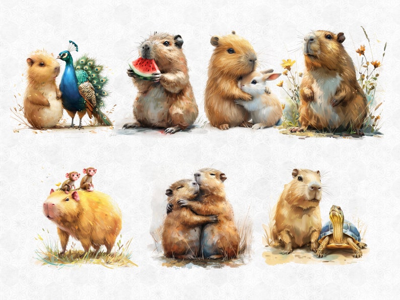 Capybara Watercolor Clipart, Capybara With Other Animals, Cute Capybara ...