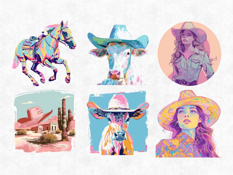 Retro Cowgirl Clipart Bundle, Pop Art Cowgirl Boots, Groovy Cowgirl ...