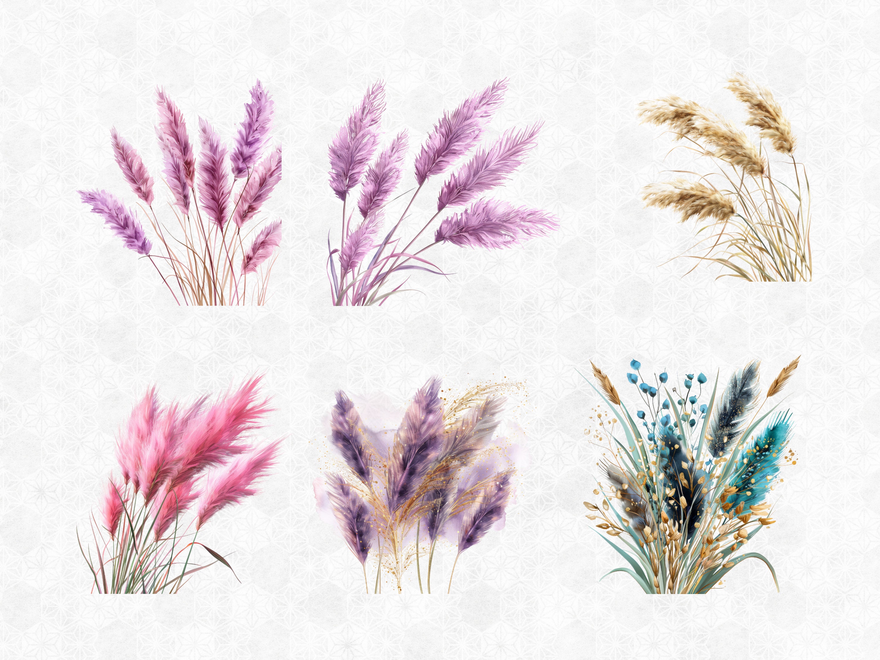 Pampas Grass Watercolor Clip Art Boho Floral Elements, Bohemian Wedding ...