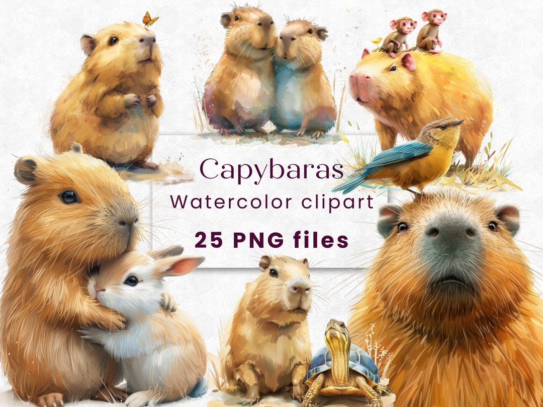 Capybara Watercolor Clipart, Capybara With Other Animals, Cute Capybara ...