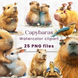 Capybara Watercolor Clipart, Capybara With Other Animals, Cute Capybara ...