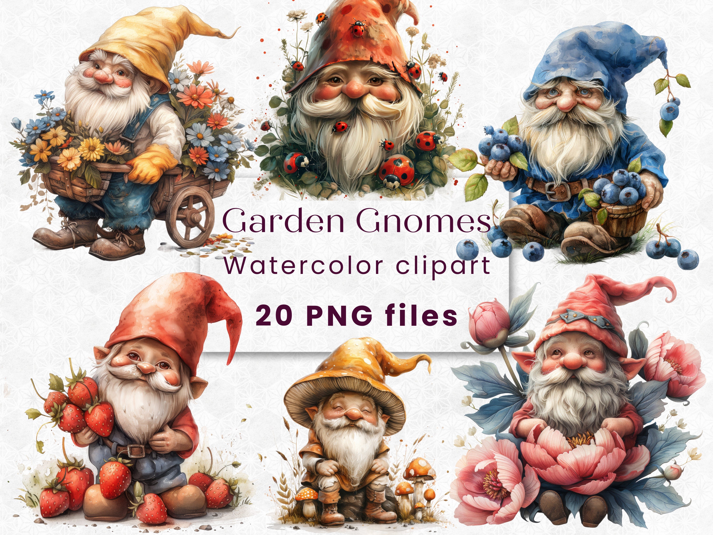 Garden Gnomes Watercolor Clipart Bundle, Summer Garden Images, Fantasy ...