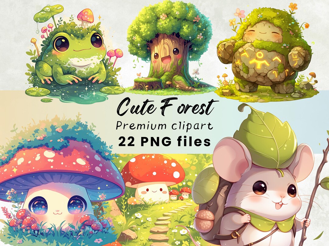 Kawaii Moss Forest Clipart, Cute Chibi Mouse, Mushroom, Whimsical ...