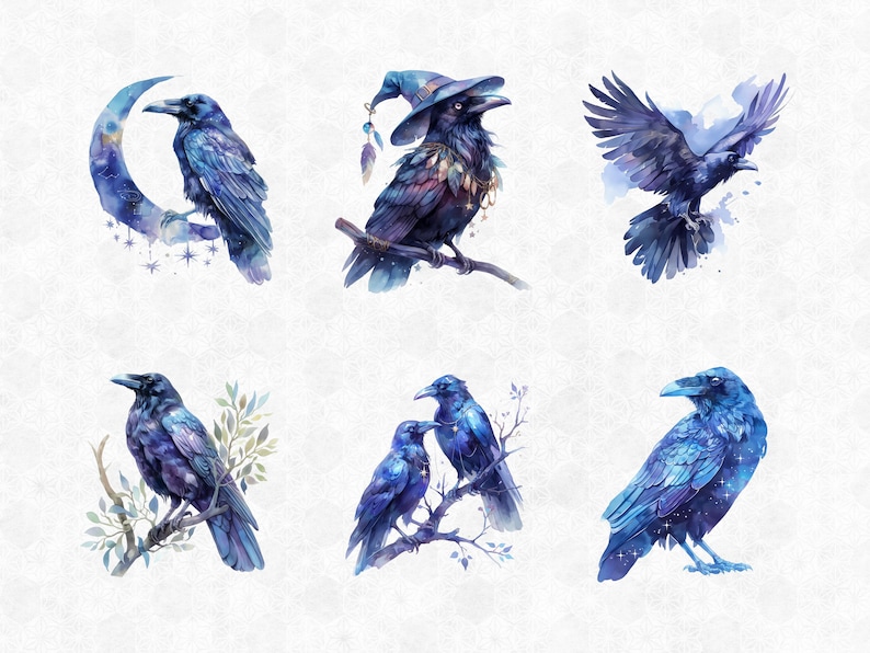 Watercolor Magical Raven Clipart, Celestial Gotchic, Witch, Crow ...