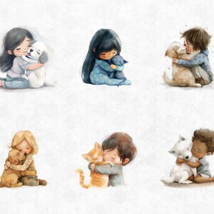 Watercolor Kids With Pets Clipart, Cute Children, Dog, Cat, Hugging ...