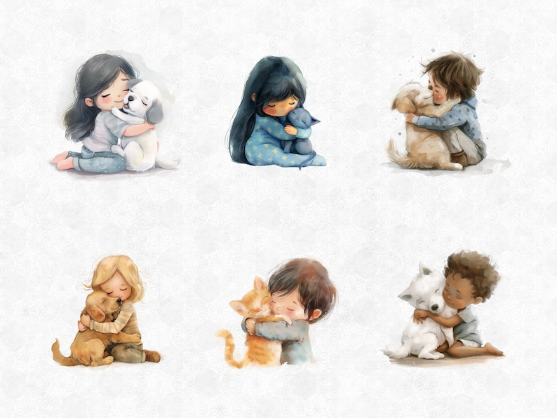 Watercolor Kids With Pets Clipart, Cute Children, Dog, Cat, Hugging ...