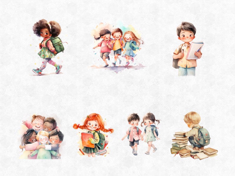 Watercolor Back to School Clipart, School Kids, Backpack, Book ...