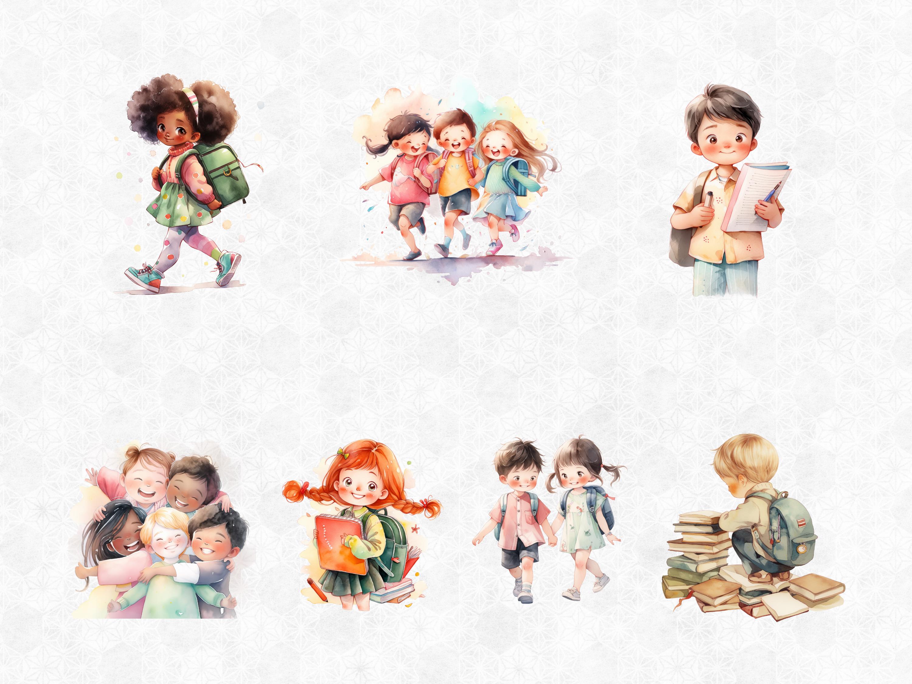 Watercolor Back to School Clipart, School Kids, Backpack, Book ...