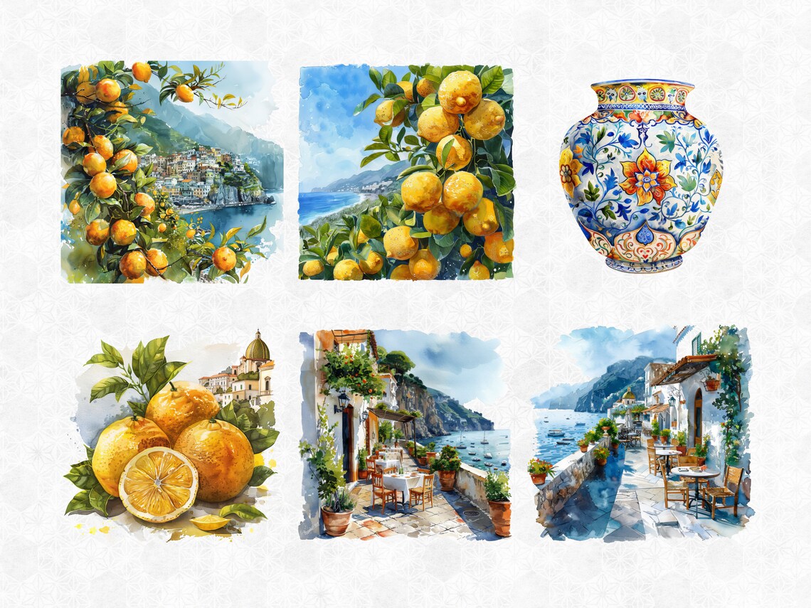 Watercolor Amalfi Coast Clipart, Italy PNG, Mediterranean Summer, Lemon ...