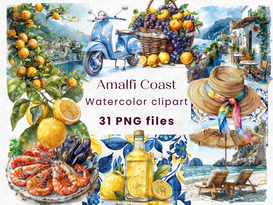 Watercolor Amalfi Coast Clipart, Italy PNG, Mediterranean Summer, Lemon ...