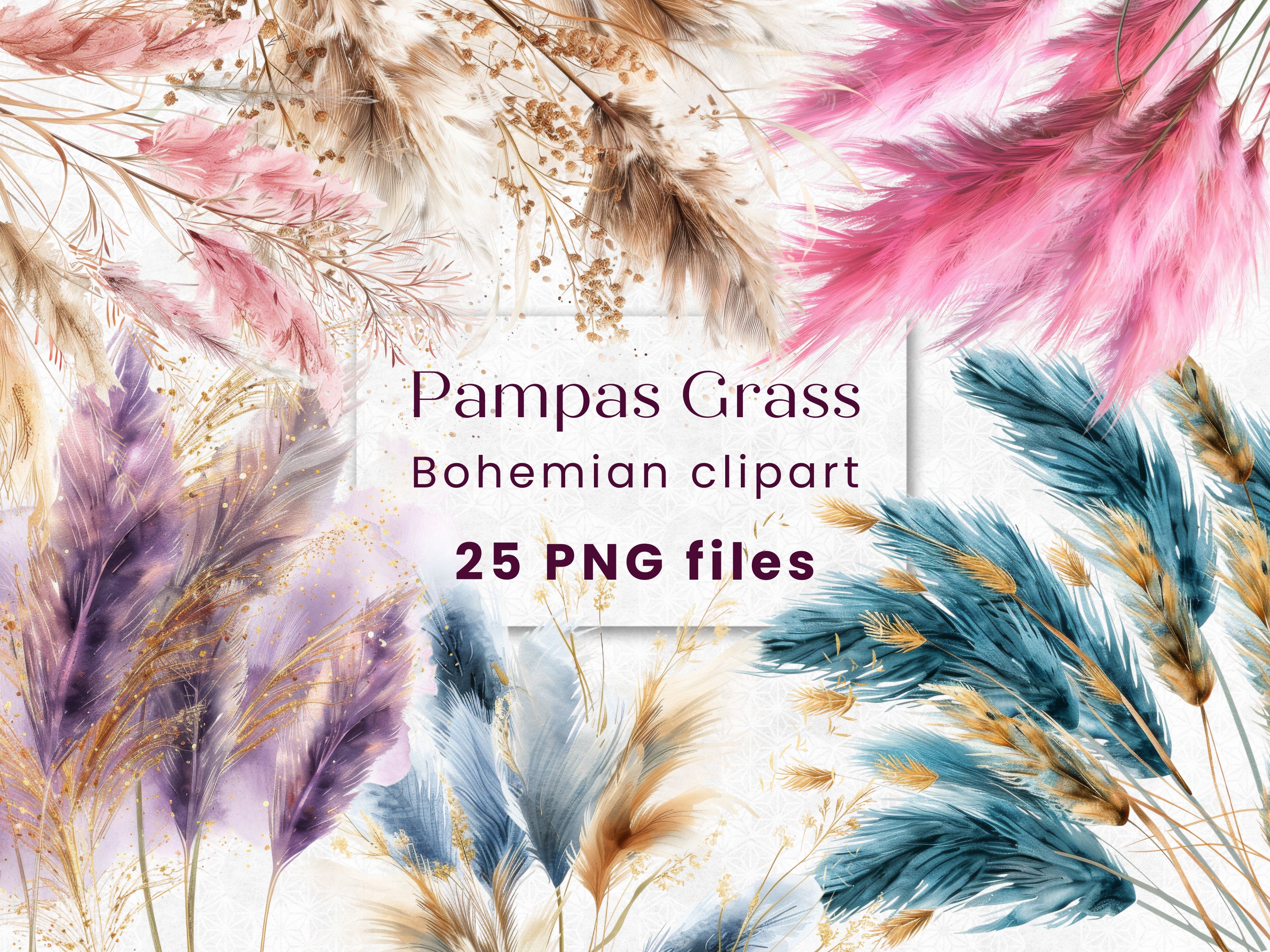 Pampas Grass Watercolor Clip Art Boho Floral Elements, Bohemian Wedding ...