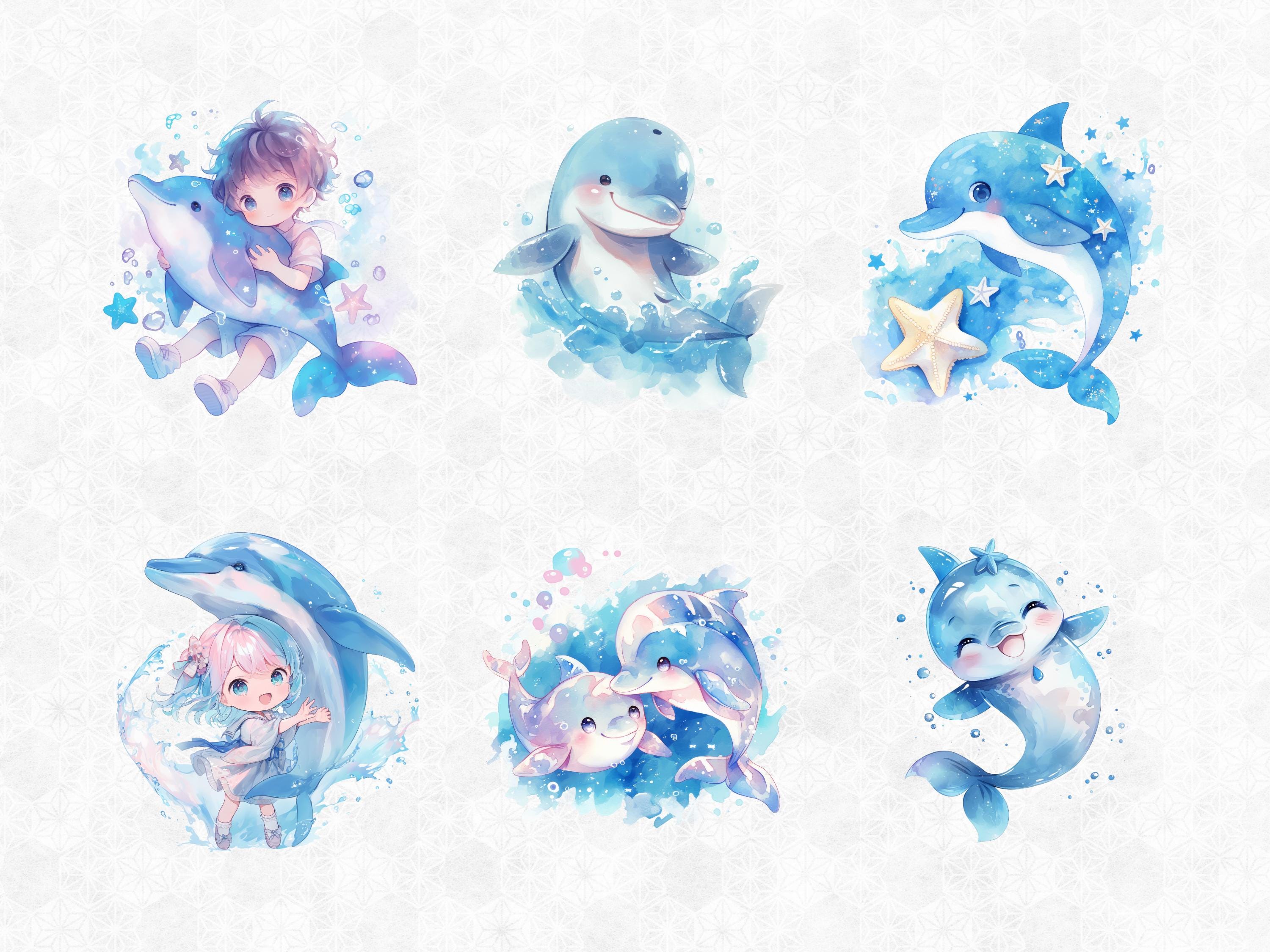 Watercolor Cute Kawaii Dolphin Clipart, Chibi Beach Boy and Girl, Anime ...