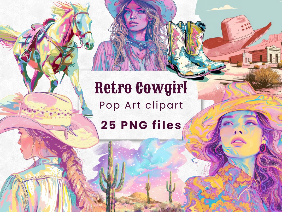 Retro Cowgirl Clipart Bundle, Pop Art Cowgirl Boots, Groovy Cowgirl ...