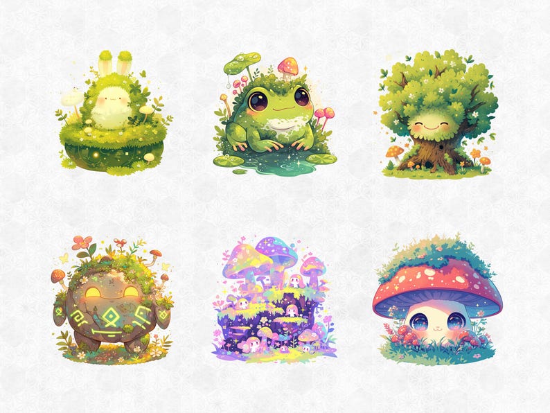 Kawaii Moss Forest Clipart, Cute Chibi Mouse, Mushroom, Whimsical ...