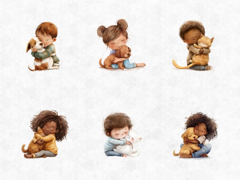 Watercolor Kids With Pets Clipart, Cute Children, Dog, Cat, Hugging ...